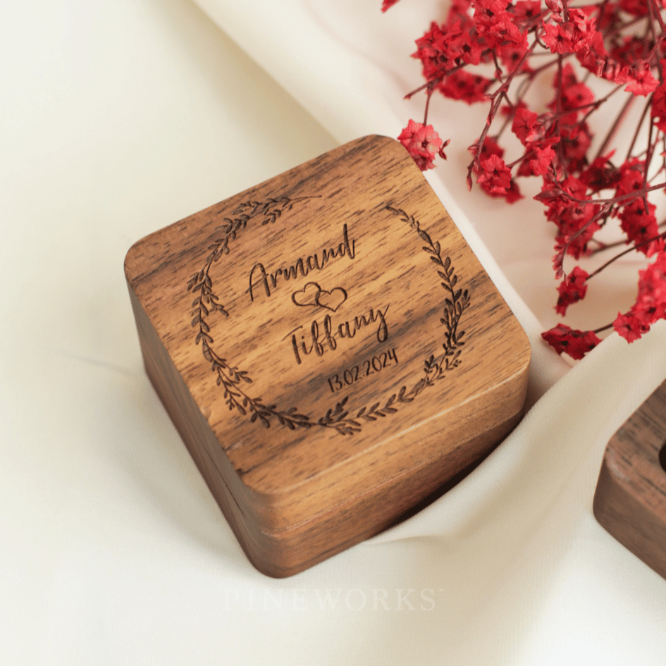 Personalised Mahogany Wooden Square Double Ring Box– PINEWORKS