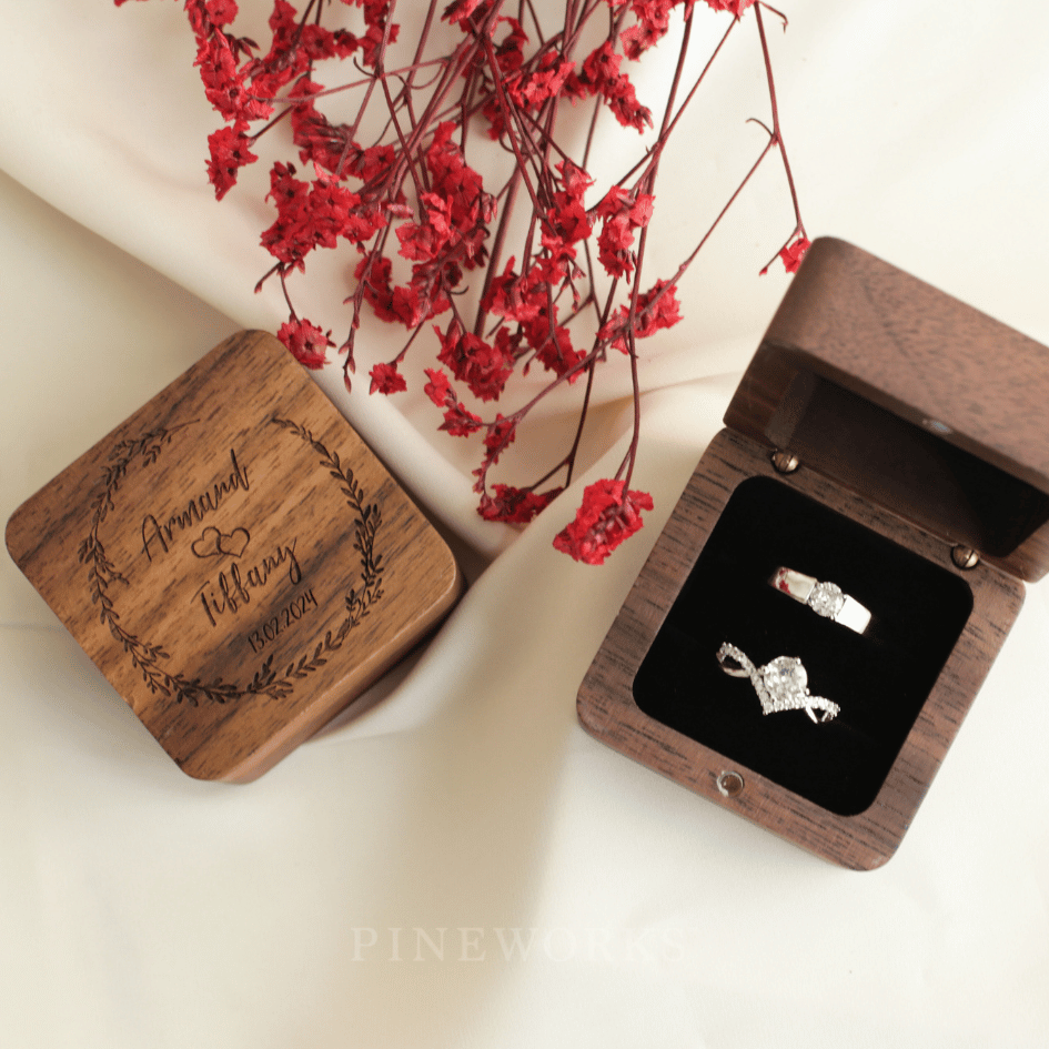 Personalised Mahogany Wooden Square Double Ring Box– PINEWORKS